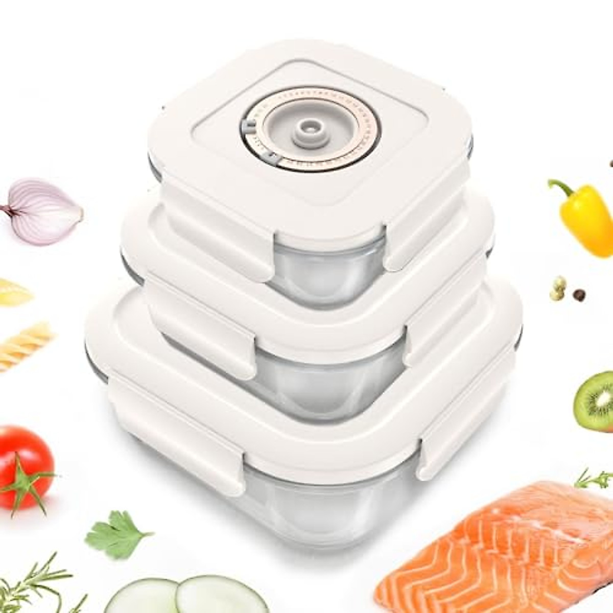 GENIEX Glass Vacuum Food Storage Containers Set - 3pc Square Vacuum Seal Containers for Meal Prep, Fruit Preservation, and Marinades - Easy Clean Food Saver for Vacuum Seal (Sealer Sold Separately)