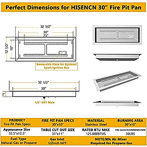 Hisencn Drop-in Fire Pit Kit 30 x 10 Inch, Fire Pit Insert H Burner with Spark Ignition and Propane Hose Kit for Propane Fire Pit, Fire Table Insert, Indoor or Outdoor Decorative Fireplace