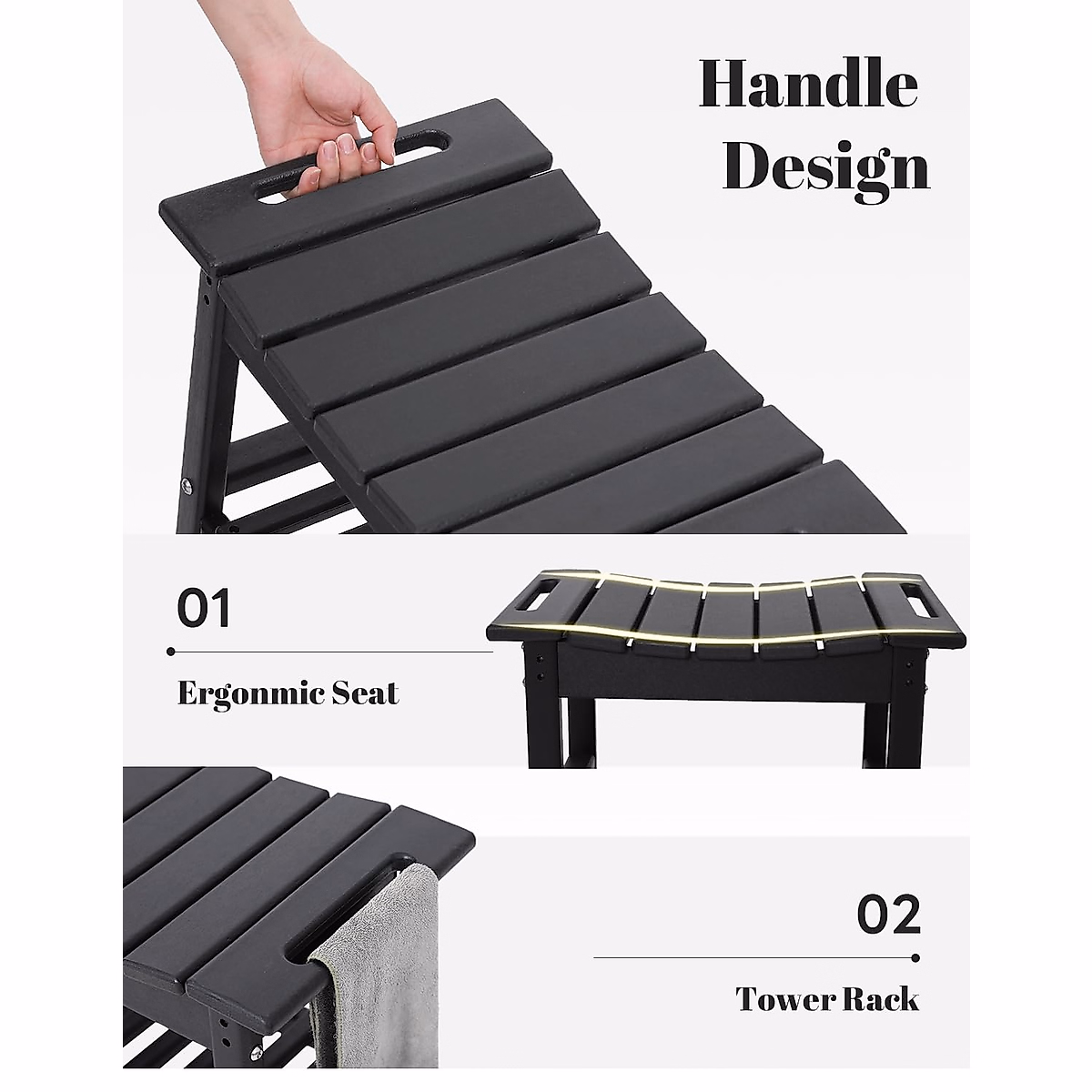 Murago HDPE Poly Lumber Shower Stool with Storage 20×12×19, Heavy Duty Waterproof Bench Indoor Outdoor Spa Stool Chair with Towel Bar [Black]