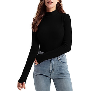 Zengjo Mock Turtleneck Ribbed Shirt Women (Black,XL)