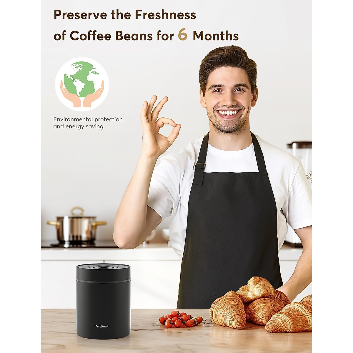 OUTPEAK Neo 2025 Kilo Auto Vacuum Coffee Canister, 1.5L Capacity for 17.6oz of Coffee Beans, One-Button Operation, Stainless Steel Coffee Storage Container for Barista, Gifting (Large, Matte Black)