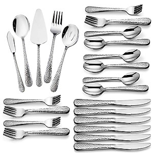 HaWare Hammered 65-Piece Silverware Set for 12, Stainless Steel Flatware Cutlery Serving Utensils, Modern Design Eating Tableware for Home Kitchen Hotel Restaurant, Mirror Polished, Dishwasher Safe