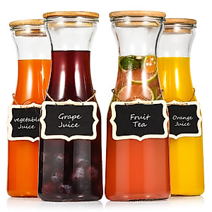Glass Carafe Pitchers, Beverage Dispensers with Bamboo Lids and Tags, Clear Jugs For Mimosa Bar, Wine, Iced Tea, Lemonade, Milk and Juice, 35 oz, Set of 2