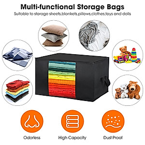 BERVES Storage Bag 90L 3 Pack, Large Capacity Foldable Closet with Reinforced Handle and Sturdy Zipper , Clear Window, Thick Fabric Organizers for Blankets, Clothes, Bedding (Black)