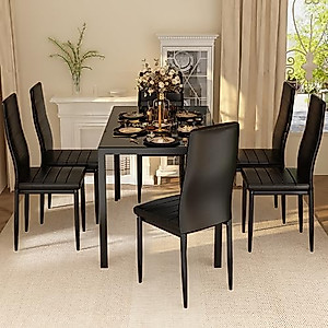 DKLGG 7-Piece Dining Table Set for 6 People, Tempered Glass Kitchen Table Set with 6 PU Leather Chairs, Dining Room Table Set Large Breakfast Table with Metal Frame for Kitchen, Big Family