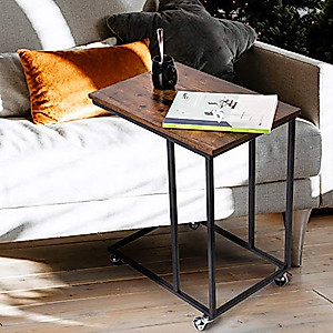 Zoyoleader C Shaped End Side Table, Vintage Sofa Couch Table with Wheel, Industrial Bedside Table with Metal Frame for Living Room, Bedroom, Rustic Brown (C Shape)