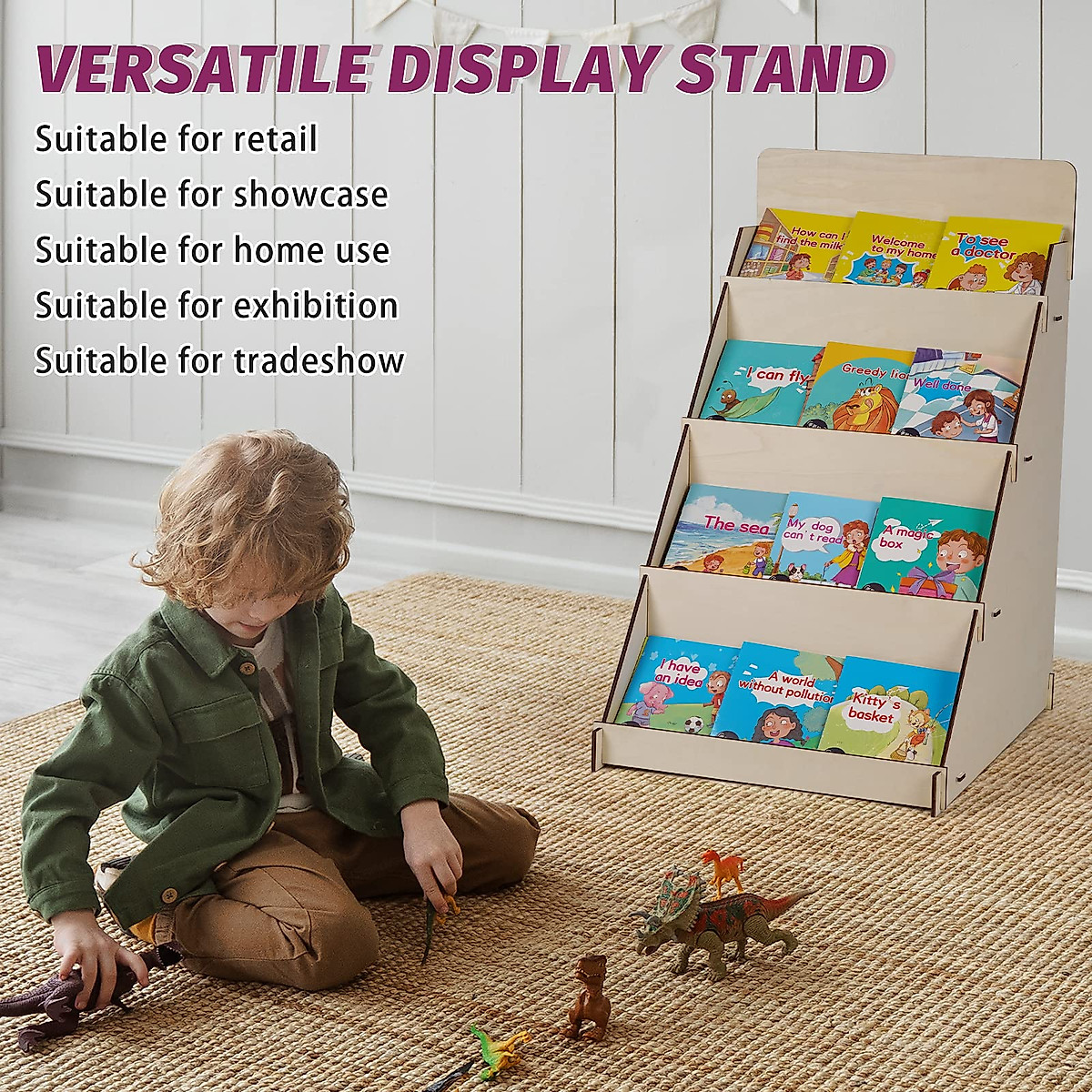 Retyion Wooden Display Stand for Greeting Cards, Birthday Cards, Coasters, Stickers, Photos - 4 Tier Portable Rack - Wood Color