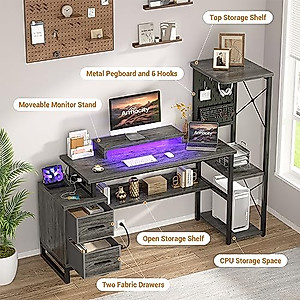 Computer Desk with 2 Fabric Drawers - Reversible Home Office Desk with Power Outlet & LED Lights, 53" Writing Desk with Monitor Stand & Storage Shelves, Gaming Desk Study Table with Pegboard, Grey Oak