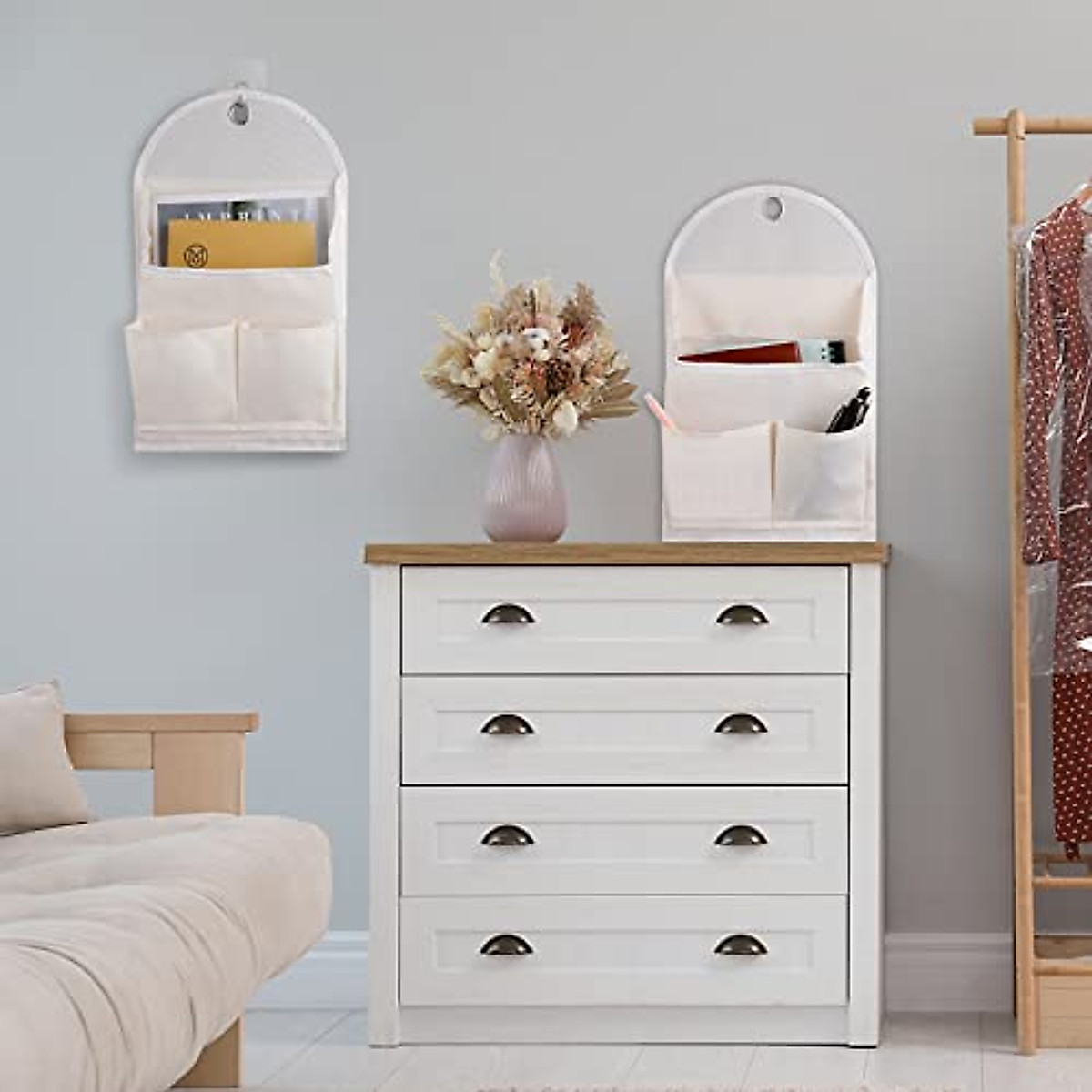 2 Pack Wall Hanging Storage Bag with Pockets, Locker Organizer Basket with Sticky Hook, Fabric Wall Organizer, Waterproof Hanging Bag for Closet Door Bedroom Bathroom Office Home Kitchen(Grey)