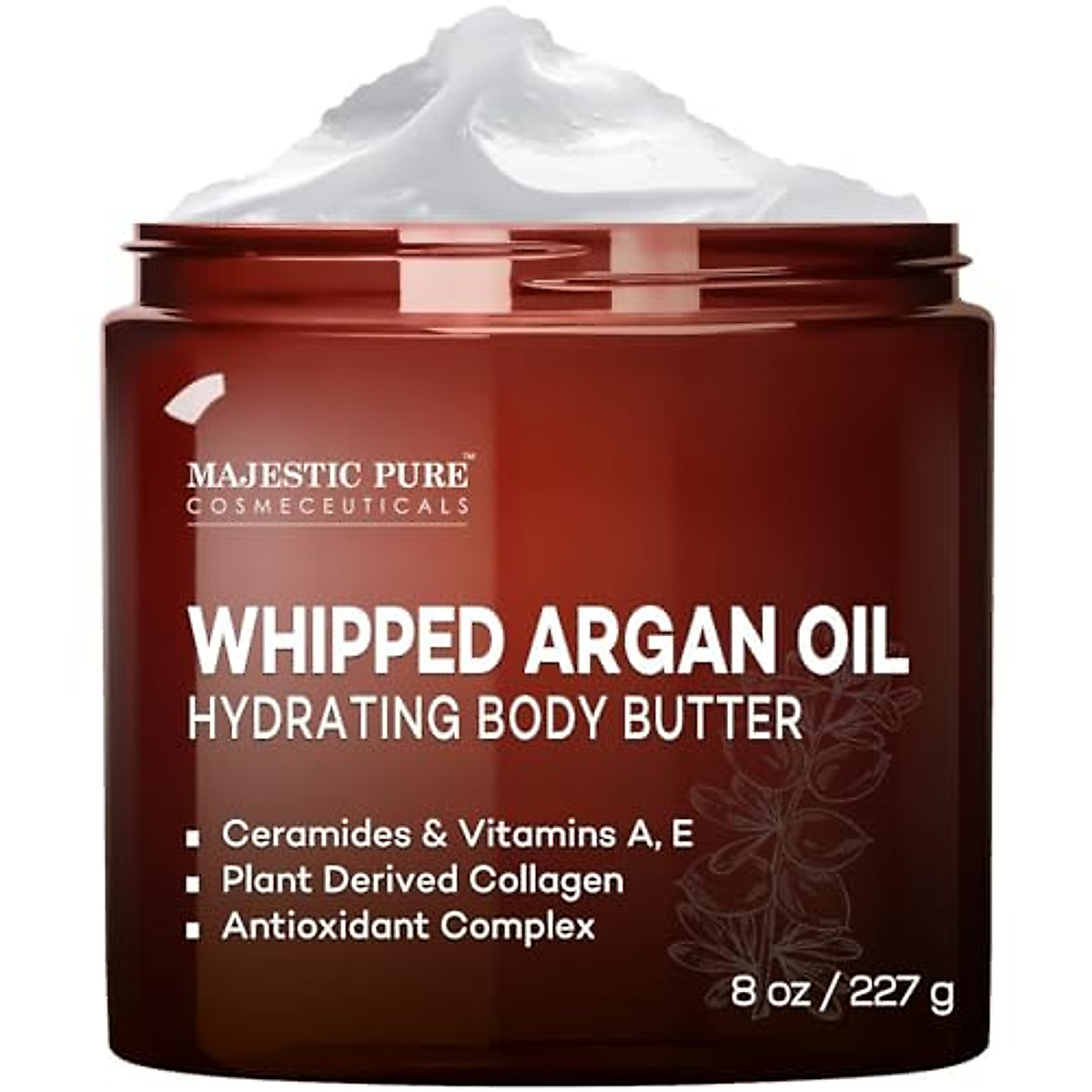 MAJESTIC PURE Whipped Argan Oil Body Butter for Women & Men - With Ceramides, Vitamin E & A & Vegan Collagen - For Skin, Face, & Appearance of Wrinkles & Fine Lines - 8oz