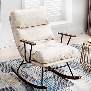 HNY Modern Rocking Chair Nursery with Wood Arms, PU Leather Overstuffed Upholstered Glider Rocker Chair with Adjustable Backrest, 22" Wide Armchair for Living Room/Bedroom/Small Space, Cream