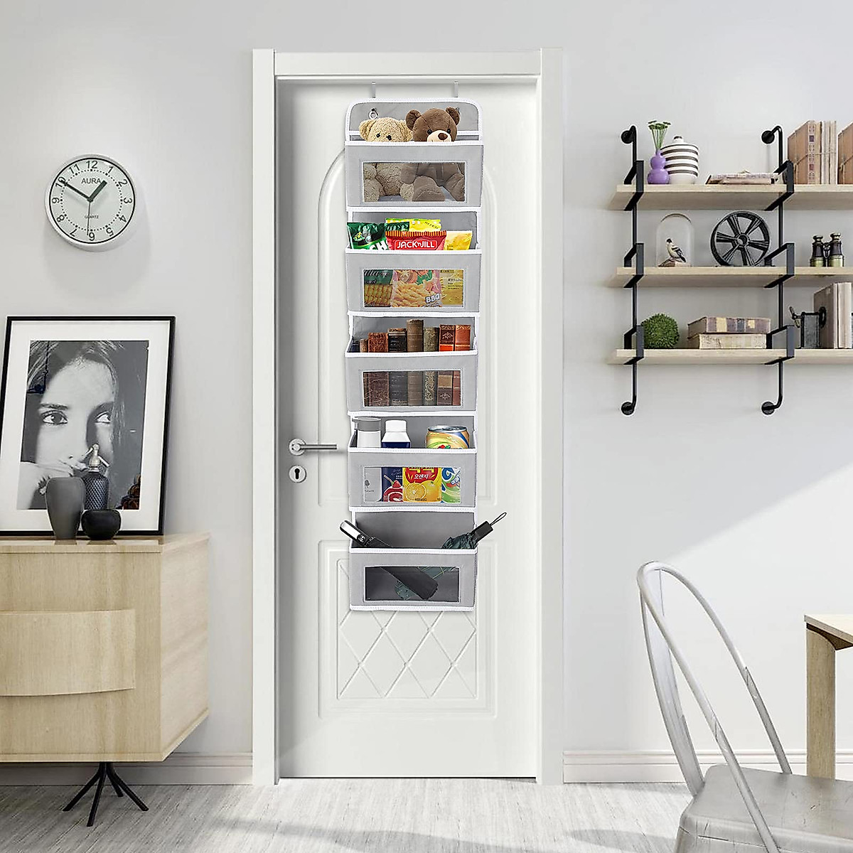 sysucpion Over The Door Hanging Organizer Storage with 5 Clear Window Large Capacity Pocket and 2 Metal Hooks for Pantry,Closet,Bathroom,Kitchen,Nursery,Dorm