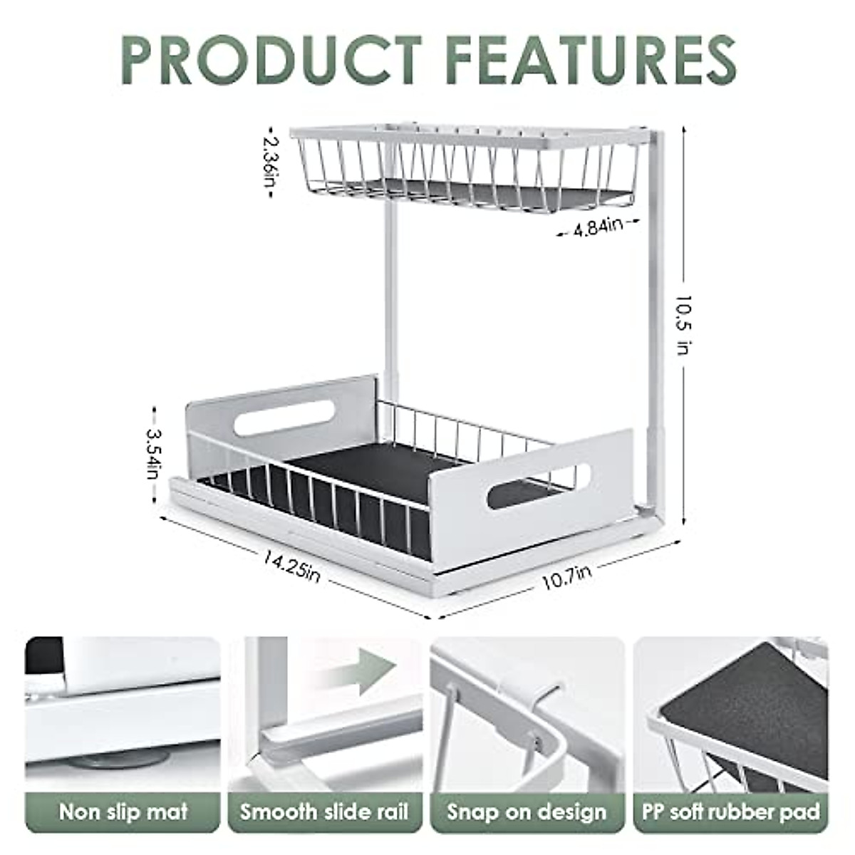GZHDIAN Under Sink Organizer, 2-Tier Pull Under The Sink Storage Organizer, Sliding Organizer Under Sink, For Under Sink Kitchen Organizers and Storage - White