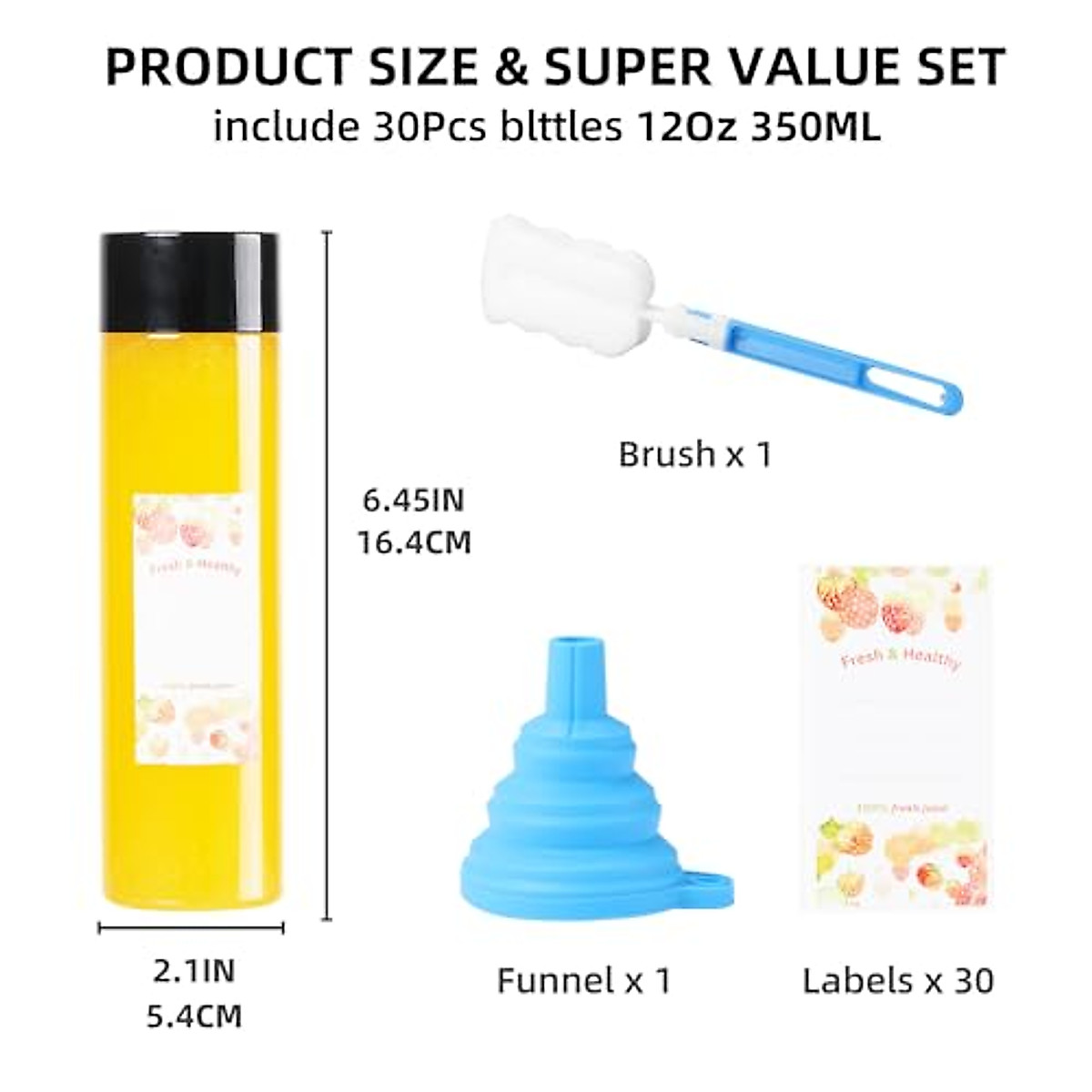 novelinks 30 Pcs 12oz Plastic Juice Empty Round Bottles with Caps, Bulk Reusable Clear Containers, Drink Beverage Containers with Black Tamper Proof Lids