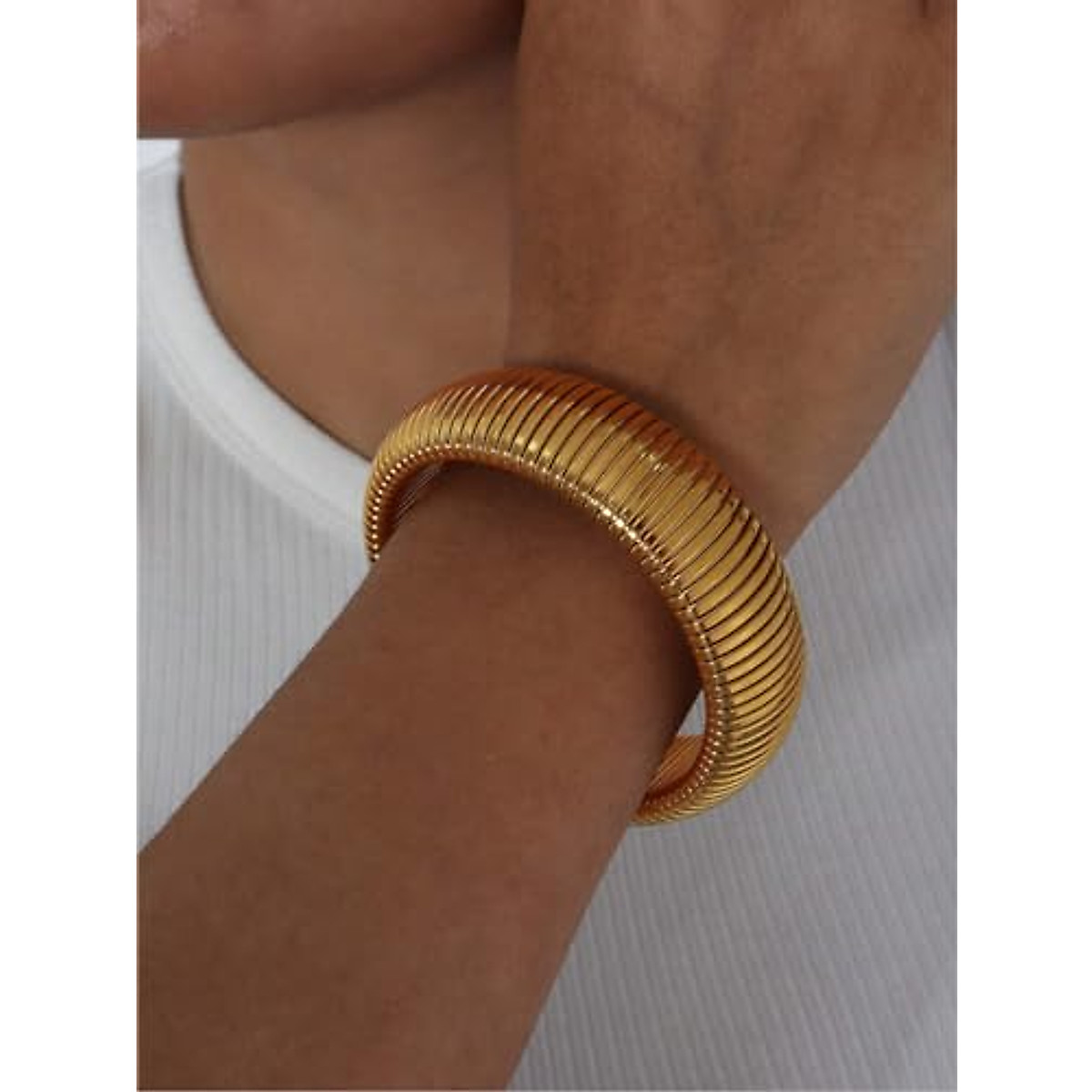 CONRAN KREMIX Gold Chunky Bangle Stretch Bracelets For Women 14K Real Gold Filled Stainless Steel Cuff Bracelet Non Tarnish Trendy Jewelry 20MM Width,8 Inches