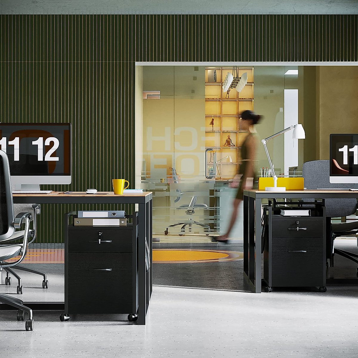 ODK File Cabinet with 2 Drawers, Mobile Office Cabinet with Lock on Wheels, Rolling Office Printer Stand Filing Cabinet for A4, Letter Sized Document with Iron Hook, Black