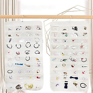 ccHuDE 80 Pockets Non Woven Hanging Jewelry Organizer Dual Sided Earrings Display Storage Bag Travel Foldable Bracelet Bags Journey Rings Organizer Holder