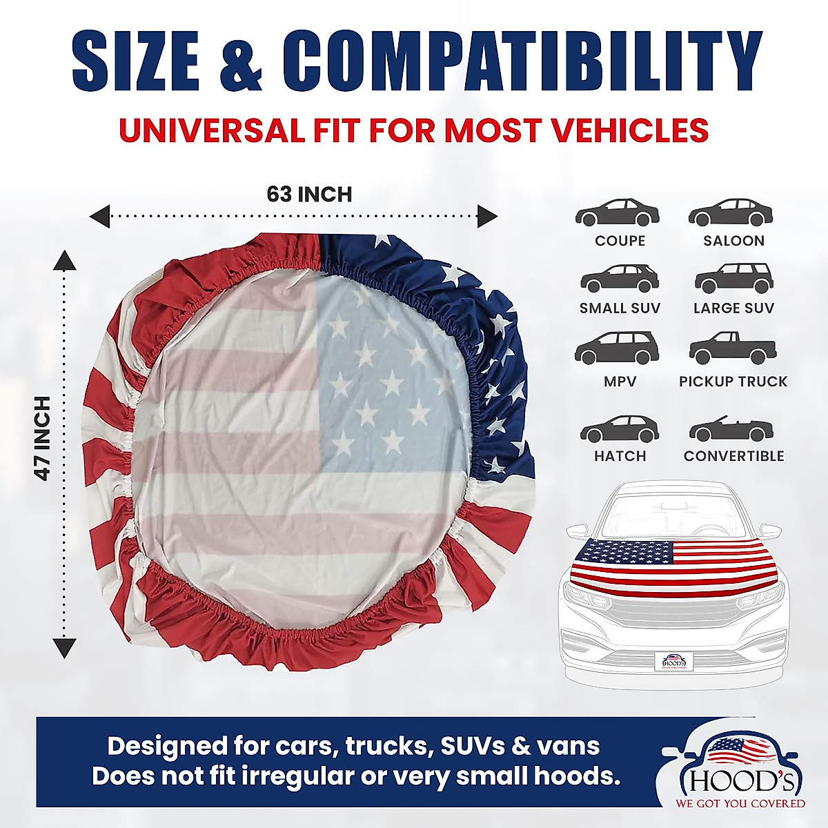 Hood's Flags] American Flag Car Hood Cover 63"x47" (120x160cm) - Universal Fit for Trucks, Car, SUV, or Van. Polyester Spandex Material, Weather-Resistant with Secure Fasteners