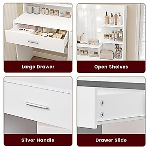 FGNTWP Makeup Vanity Desk with Mirror, 10 Lights, 5 Drawers, 3 Storage Shelves, 3 Color Modes & Adjustable Brightness Dressing Table, 35.4” Desk, White