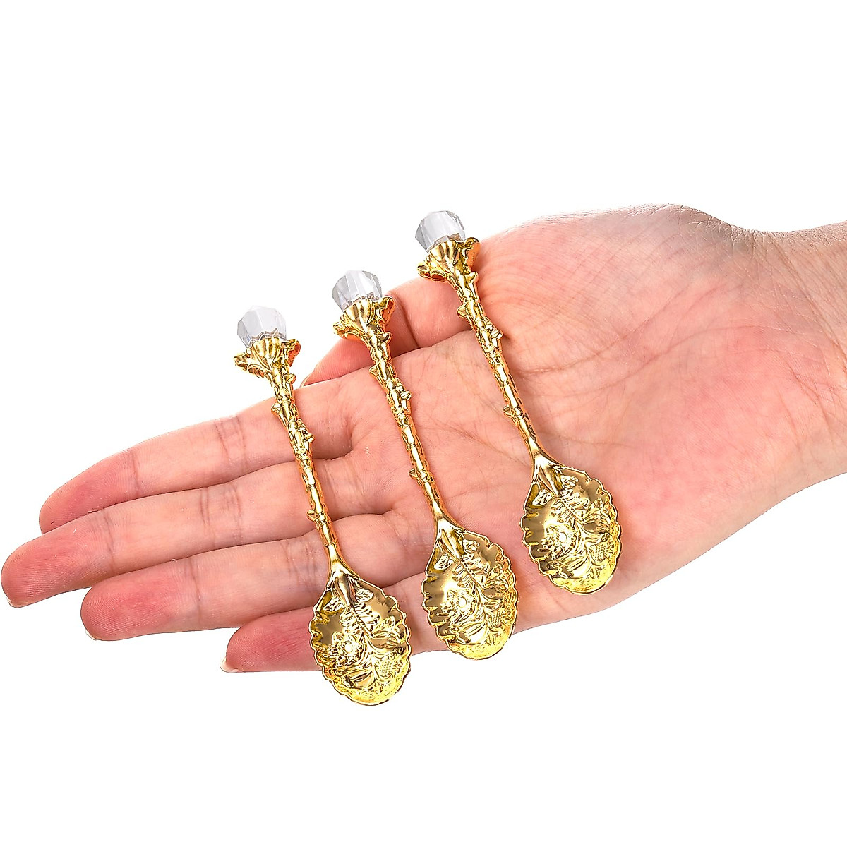 Covzoe 16 Pieces Retro Spoon, Crystal Alloy Coffee Spoons, Vintage Carved Decorative Gold Dessert Spoons for Cafe Bar, Tableware Home Office Party Supplies