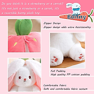 OSQI Reversible Bunny Stuffed Animal - Carrot Strawberry Plush Doll with Zipper - Soft and Adorable Rabbit Toy Pillow for Kids and Adults Easter Gift and Decoration