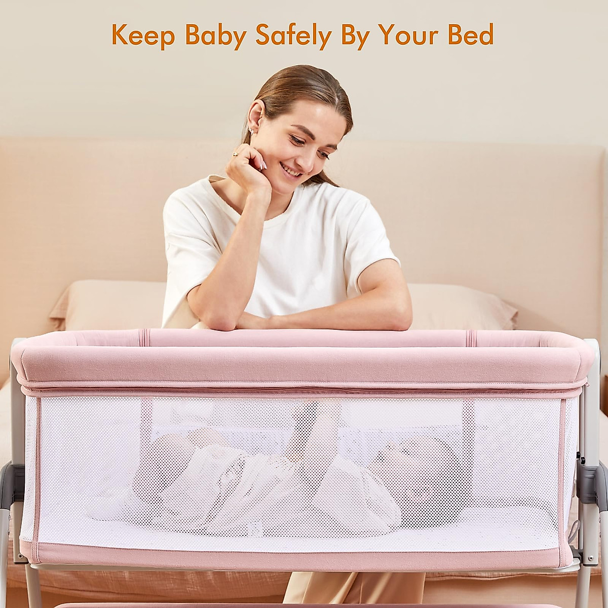 ANGELBLISS Baby Bassinet Bedside Sleeper with Gel Memory Mattress Topper, Easy Folding Portable Bassinet for Baby with Wheels, Mattress with Removable Cover