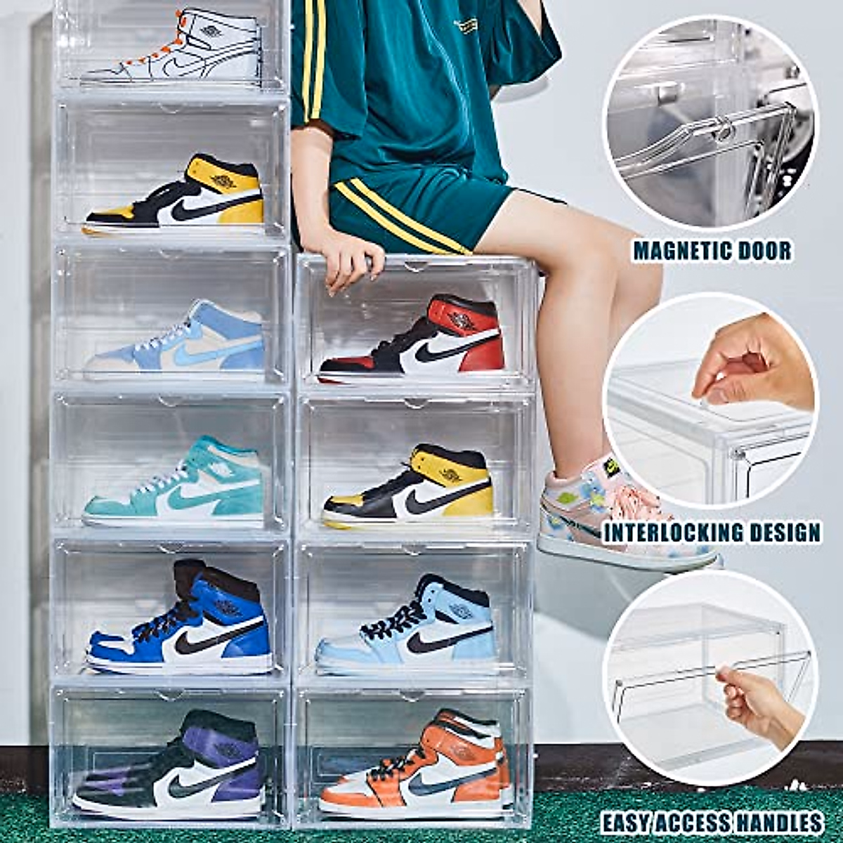 EZLucky 3 Pack Large Shoe Boxes Clear Plastic Stackable, Side Open Shoes Organizer with Magnetic Door, Clear Shoe Boxes Stackable for Display Sneakers, Fit Shoe Size Up to US 15 (14.2x11x8.7in)