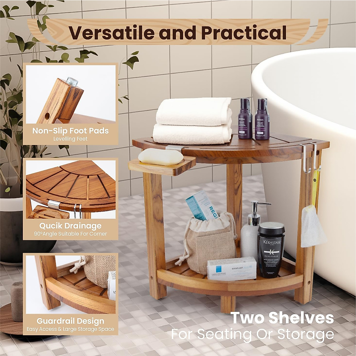 Cartman Original 13" Corner Teak Shower Decorative Bathroom Stand and Foot Rest with Storage Shelf and Soap Dish,Foot Rest Shaving Stool, Corner Nightstand, Beside Table