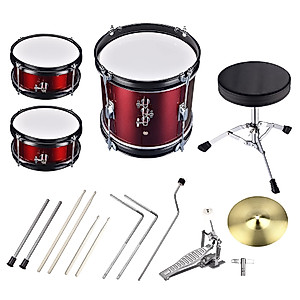 AW Drum Set with 3 Piece Drums Bass Tom Hi-Hat 4pcs Drumsticks Seat Cymbal Throne Stool Kids Musical Instruments Kit Red