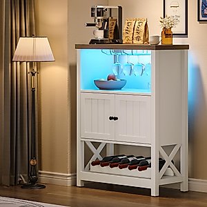 YITAHOME Sideboard Buffet Cabinet with Light, 31.5'' Farmhouse Coffee Bar Cabinets with Storage, Wine Bar Cabinet for Home with Wine Rack and Glass Holder (White Oak)