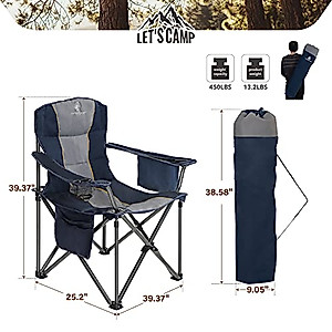 LET'S CAMP Folding Camping Chair Oversized Heavy Duty Padded Outdoor Chair with Cup Holder Storage and Cooler Bag, 450 LBS Weight Capacity, Thicken 600D Oxford