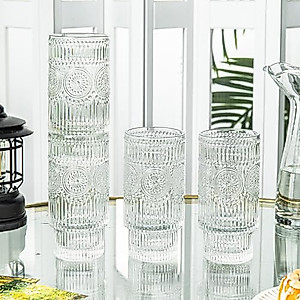 SoulTimes 4 Pack Large 16oz Ribbed Glassware Set, Flower Design Stackable Glass Cups, Vintage Textured Clear Striped Drinking Glasses Set, for Bar Beverages,Juice,Water,Cocktail,Iced Coffee