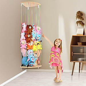 Stuffed Animal Storage, Wood Soft Toy Shelf with Adjustable Length Nursery Toy Organizer Hammock, Hanging Corner Net Stuff Animal Holder Zoo,Plush Toy Organizer for Play Room Bedroom Kids Room Décor