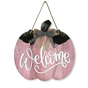 Ymaotrade Fall Sign Thanksgiving Door Hanger Pumpkin Welcome Sign Wooden Pumpkin Decor Hanging Porch Sign for Autumn Harvest Thanksgiving Farmhouse Wall Decoration (Pink) 12in