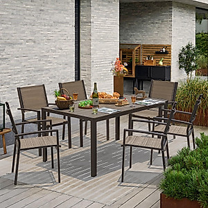 Greesum Outdoor Dining Set 7 Piece Patio Furniture with Rectangular Table and 6 Stackable Chairs Family Conversation for Garden Backyard Deck, Brown