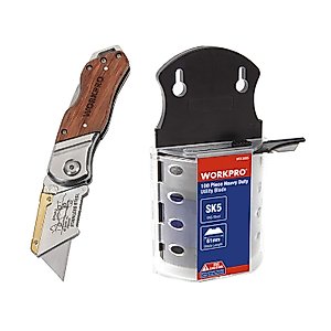 WORKPRO Utility Knife Blades Dispenser SK5 Steel 100-pack and WORKPRO Wood Handle Folding Utility Knife