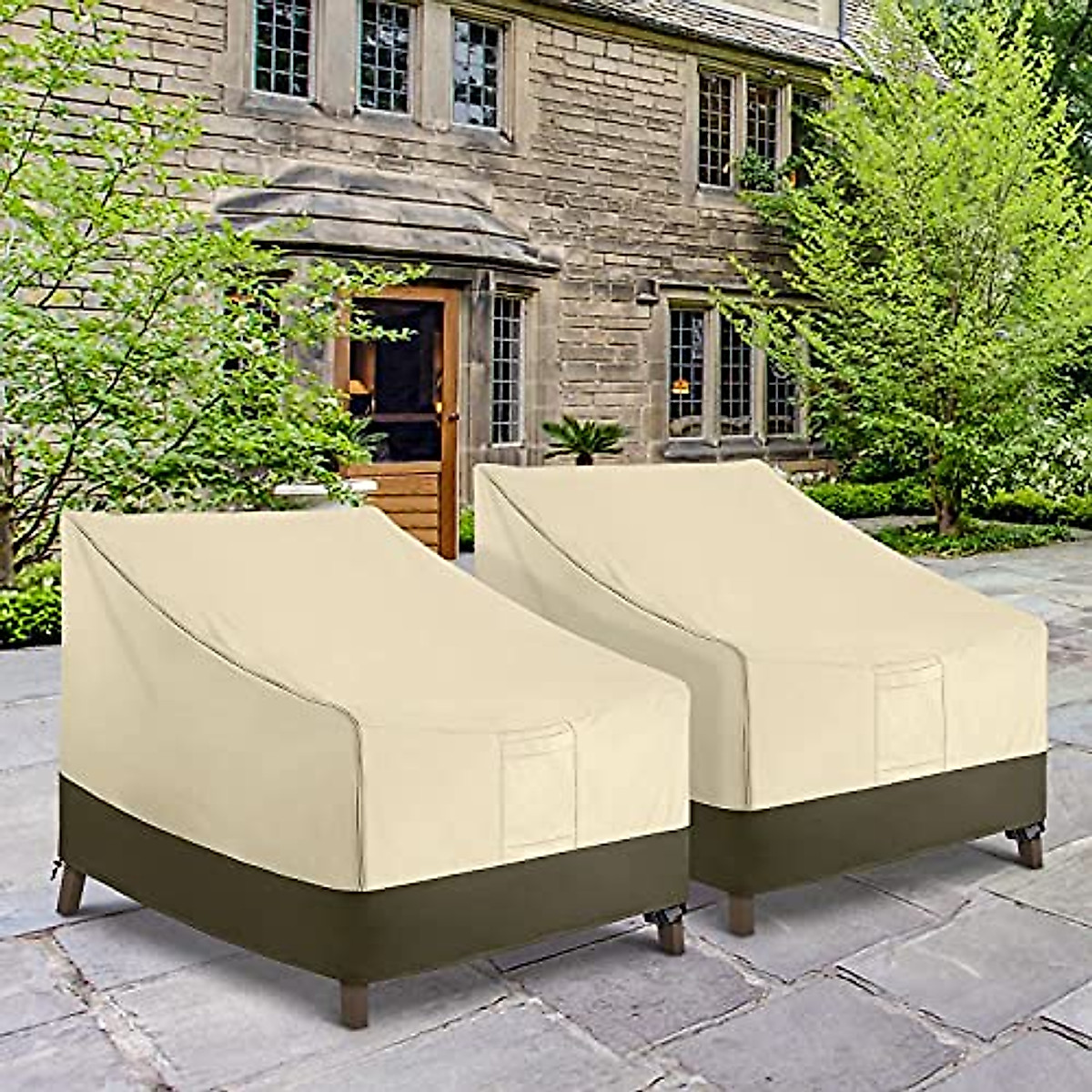 SunPatio Outdoor Patio Chair Covers 2 Pack, Durable Waterproof Lounge Deep Seated Chair Cover, UV Resistant Oversized Club Chair Cover, Patio Furniture Covers, Beige and Olive, 37W x 40D x 30H Inch