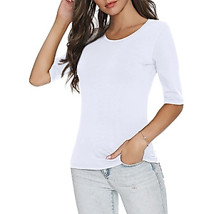 LINDLOOK Women's Casual Round Neck Half Sleeve T Shirt Solid Basic Plain Cotton Tops(White/O-Neck,S)