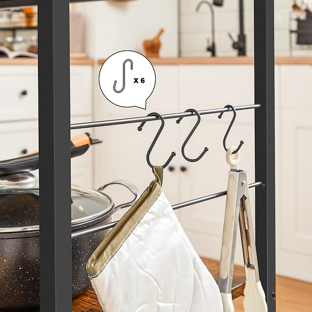 VASAGLE Bakers Rack, Kitchen Shelf, Kitchen Island, Microwave Oven Stand with 3 Open Shelves, 6 Hooks, Metal Frame, 15.7 x 31.5 x 35.4 Inches, Industrial, Rustic Brown and Black UKKI002B01