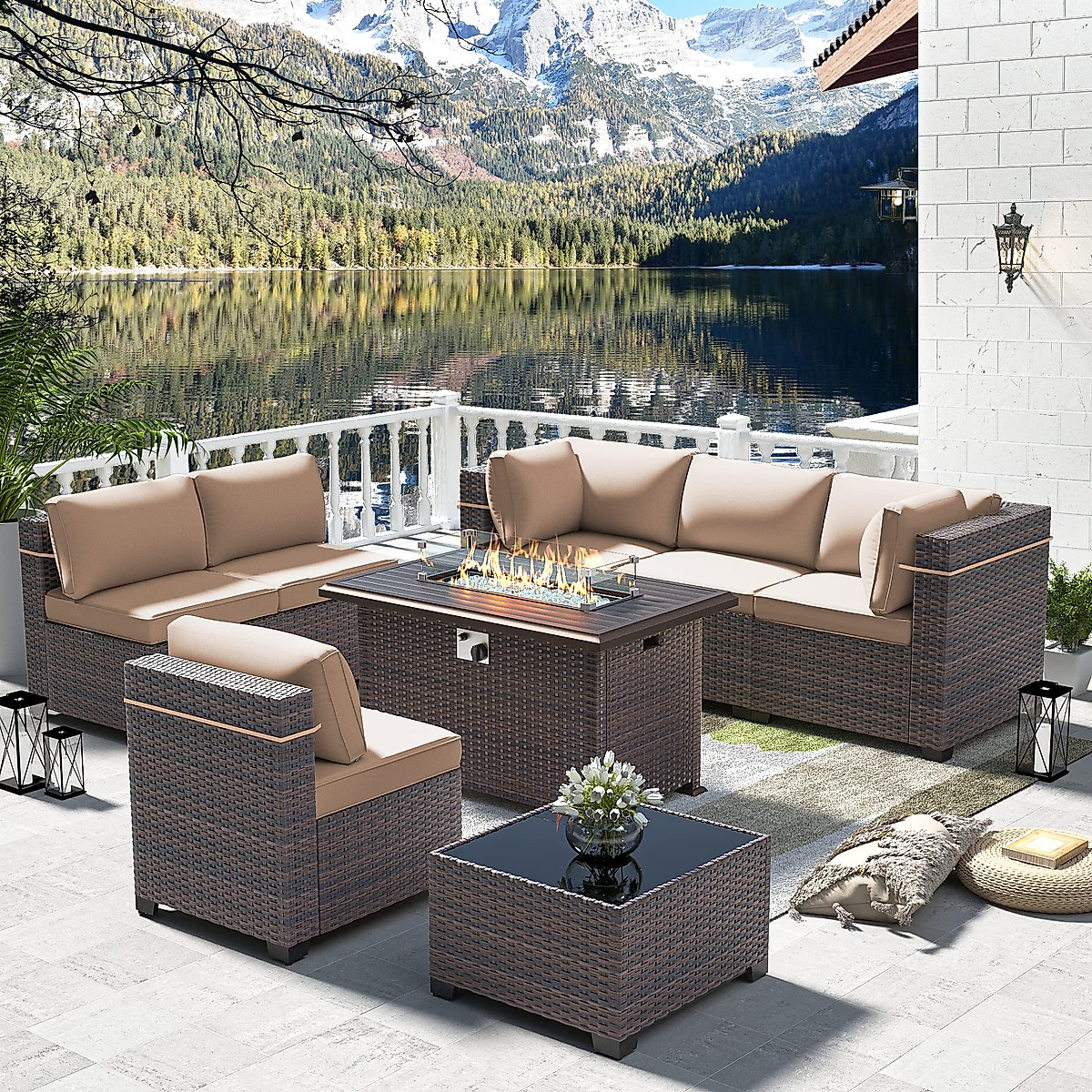 Gotland 8 Piece Outdoor Patio Furniture Set with Gas Fire Pit Table, Sectional Sofa w/43in Propane Fire Pit, 55,000 BTU Auto-Ignition Firepit w/Glass Wind Guard