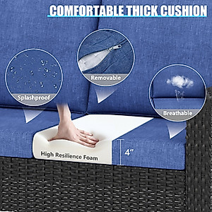 EcoTide 6-Piece Patio Furniture Set with Outdoor Swivel Rocker Chairs,PE Rattan 3-Seat Sofa Couch,Ottomans and Side Table Wicker Sectional Conversation Sets for Garden, Deck,Backyard Blue Cushions