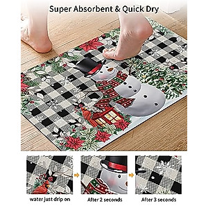 Christmas Snowman Bath Mat for Tub,Non Slip Bathroom Floor Runner Rug Quick Dry & Absorbent Diatomaceous Earth Shower Sink Washable Doormat,Black Grey Farmhouse Plaid Poinsettia Eucalyptus 16"x24"