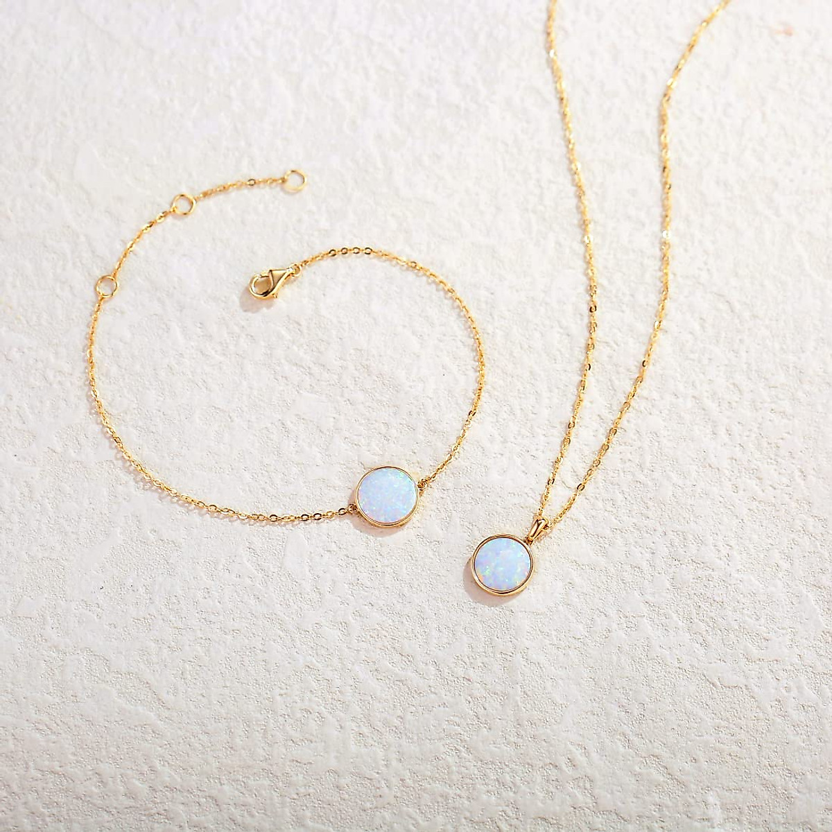 AGVANA 14K Solid Real Yellow Gold Opal Necklace for Women Round Disc Coin Pendant Necklace Fine Jewelry Birthday Gifts for Women Mom Grandma Wife Daughter Her