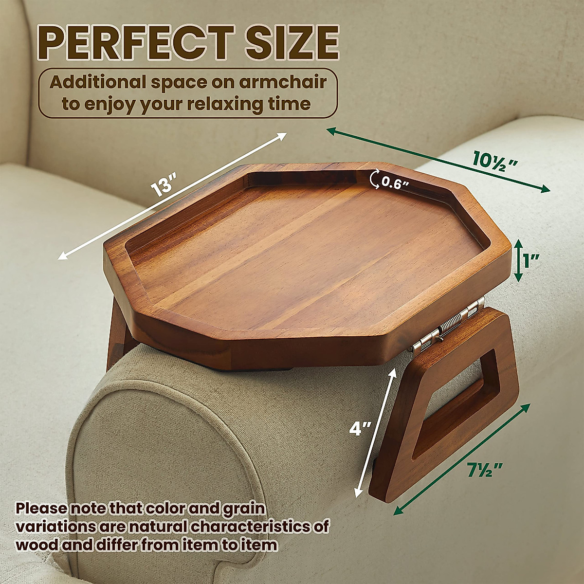Tinamo Acacia Wood Sofa Armrest Tray - Sofa Arm Tray Table Clip Octagon - Couch Arm Table for Wide Couches (Octagonal, Acacia)
