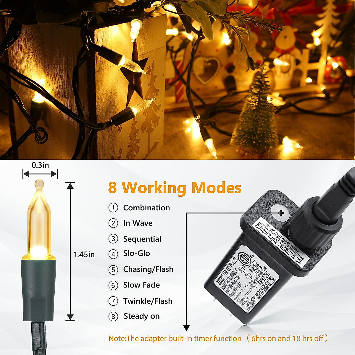 Joomer Warm white LED Christmas Lights Outdoor, 66ft 200 LED Mini String Lights 8 Modes Timer Twinkle Fairy Lights Connectable Waterproof for Indoor Outdoor Home Garden Party Xmas Decoration