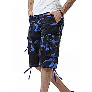 IDEALSANXUN Cargo Shorts for Men Casual Summer Bermuda Hiking Cotton Tactical Military Work Camo Cargo Pants, Camo Blue, 36
