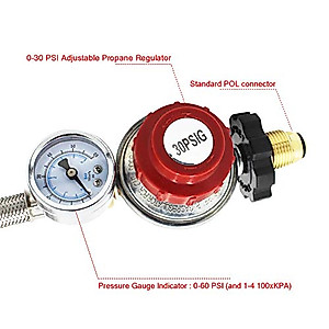 MCAMPAS 12 FT 0-30 Psi Adjustable High-Pressure Propane Regulator with Gauge 0~60PSI Gas Flow Indicator,3/8" Flare x 1/8" MNPT,Stainless Braided Hose with Soft-Nose Male POL Valve Regulator