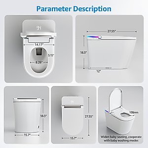 Tankless Smart Toilet with Built-In Bidet, Heated Seat, Warm Water and Dry, Simple Installation, with Foot Sensor and Night Light, Auto Flush, Auto Open & Close Lid, Wireless Remote Control