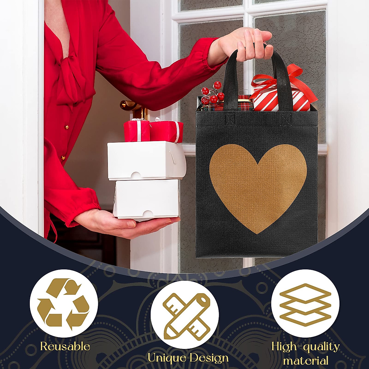 LEIFIDE 24 Pcs Heart Gift Bags with Shiny Gold Heart Print Non Woven Reusable Gift Bags for Wedding Bridesmaid Birthdays Bridal Showers Engagements Anniversaries 8 x 4 x 10 Inch (Black, Gold)