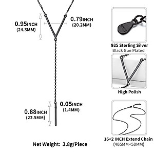 ChicSilver Black Bar Drop Y Necklace for Women Sterling Silver Minimalist Lariat Y-Shaped Necklace Delicate Simple Bar Pendant Long Necklace